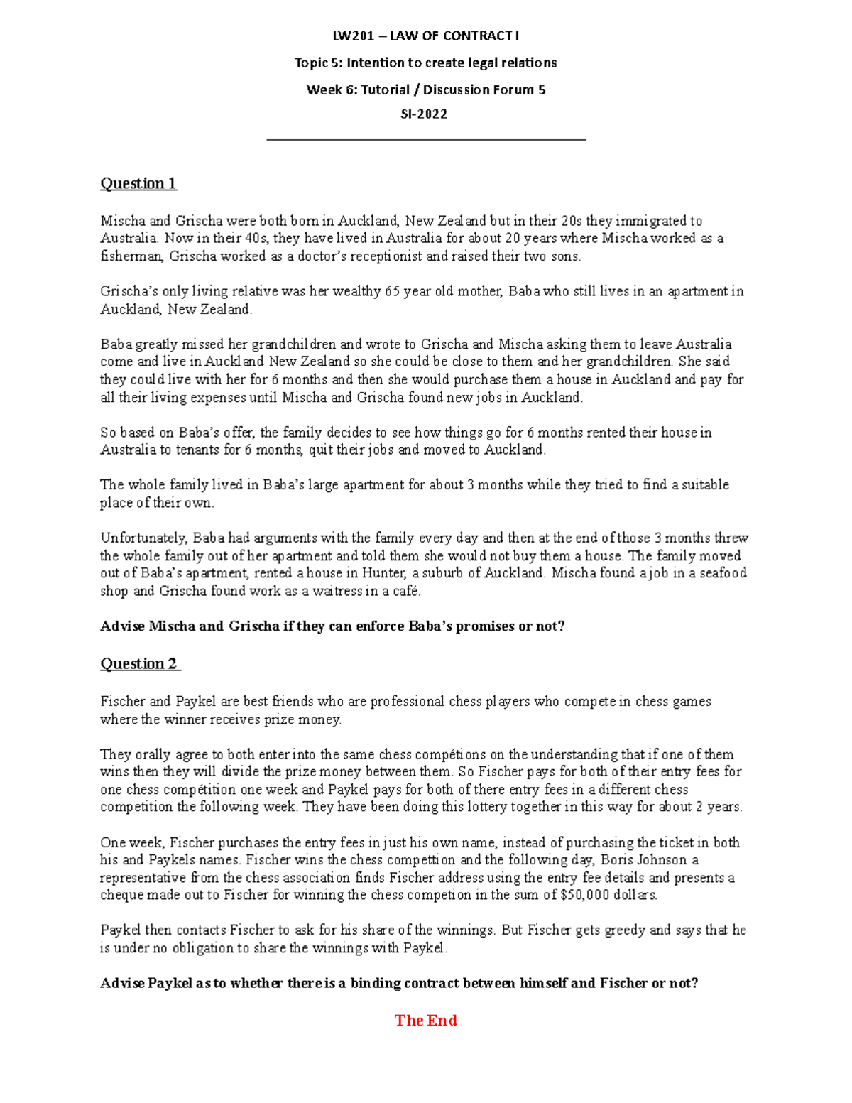 Tutorial 5 - Cases - LW201 – LAW OF CONTRACT I Topic 5: Intention to ...