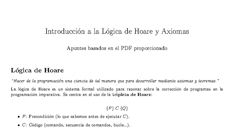 Introducción a la Lógica de Hoare y Axiomas - Apuntes - Studocu