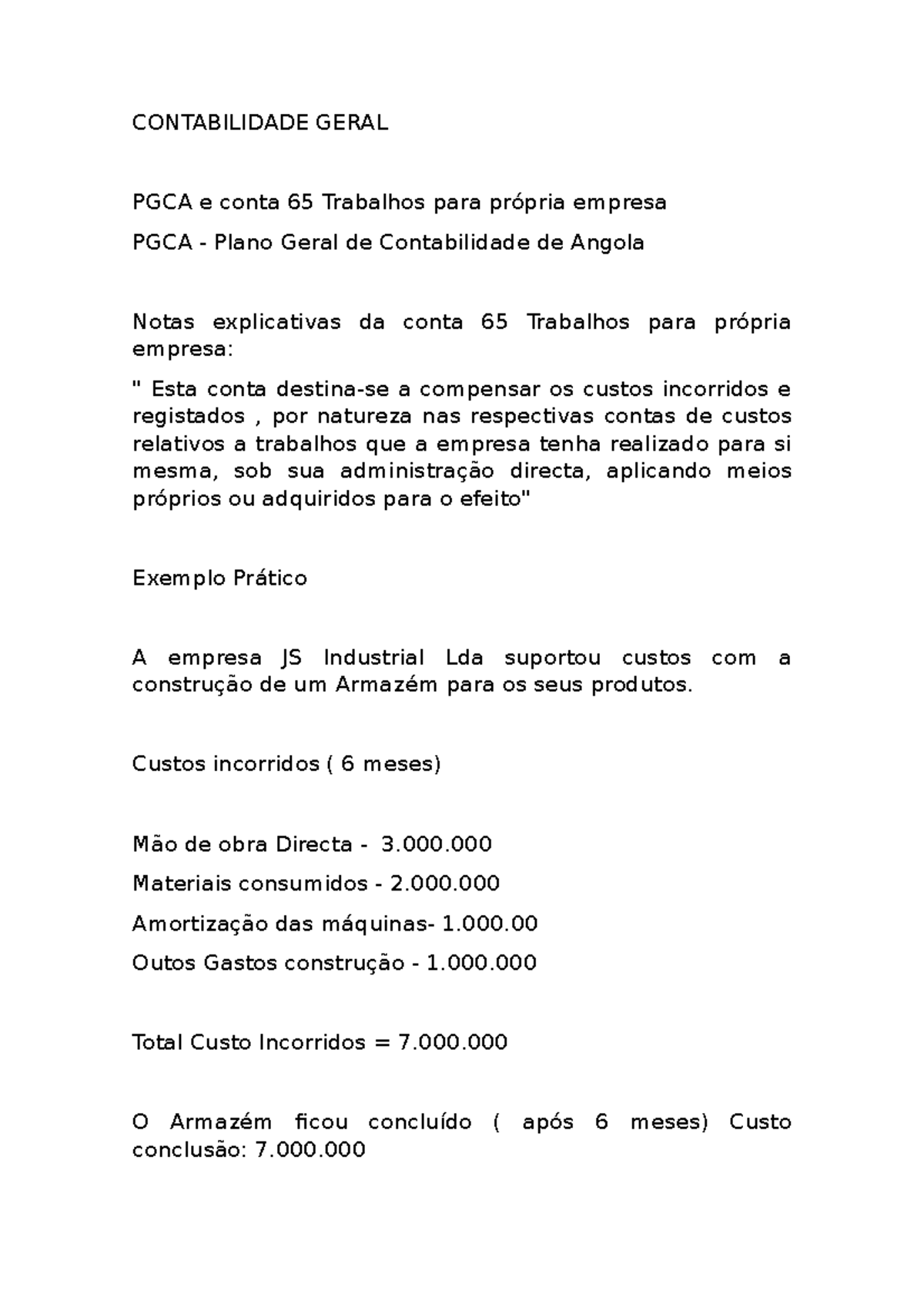 Análise da Conta 65: Trabalhos para Própria Empresa em Contabilidade ...