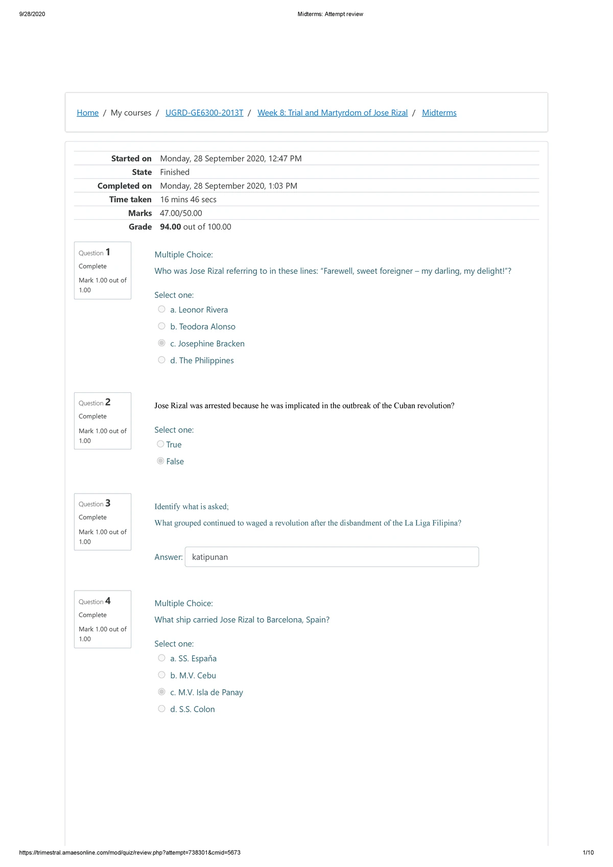 Prelim 2020 questions and answers - Home / My courses / UGRD-GE6300-2013T / Week 4: Life and ...