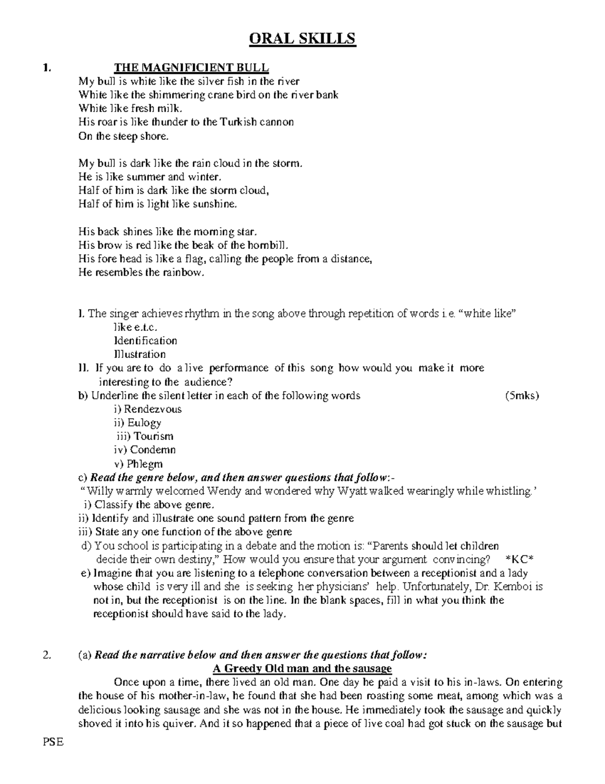 ORAL- Skills-Q - Comprehensive Oral Literature Notes and Analysis - Studocu