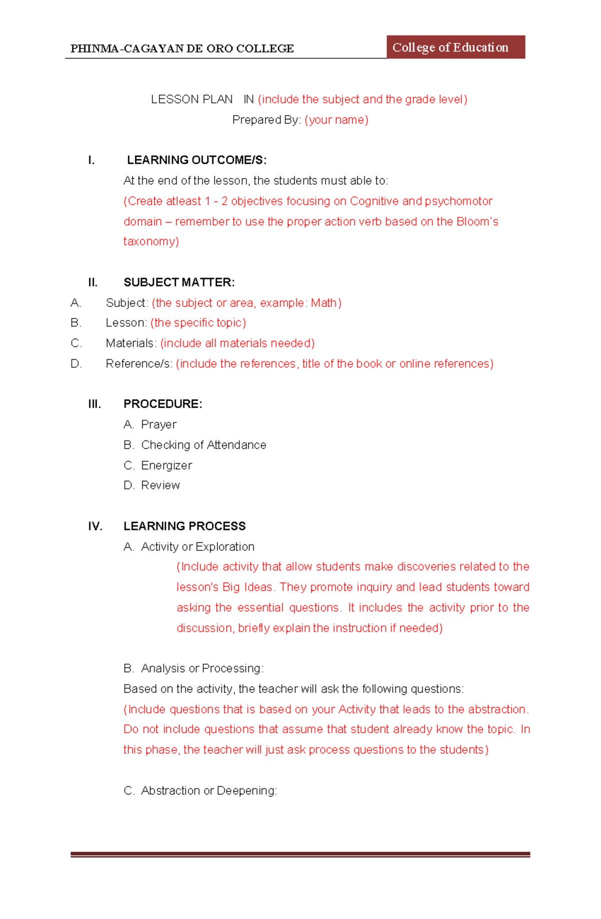 Sample LP Format - PHINMA-CAGAYAN DE ORO COLLEGE College of Education ...