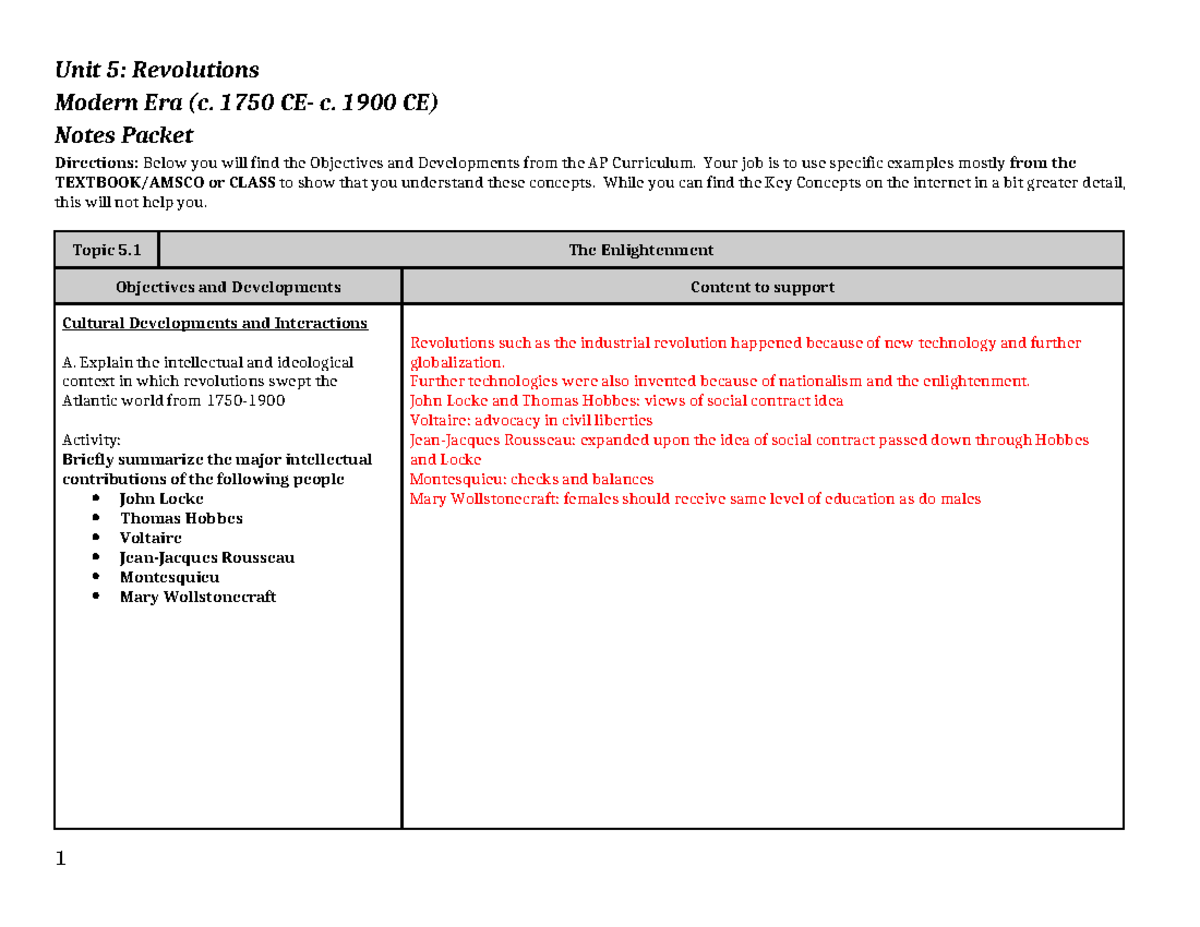 Unit 5 HW Notes - unit 5 hw key - Unit 5: Revolutions Modern Era (c ...