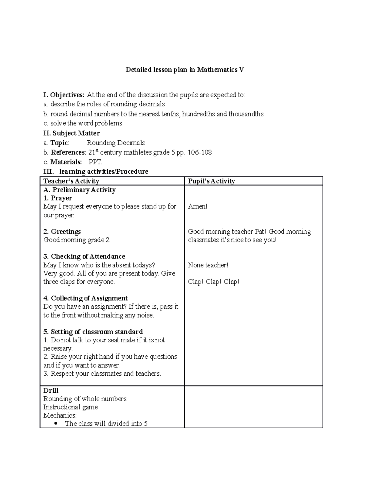 Math V - Rounding Decimals Lesson Plan for Grade 5 Students - Studocu