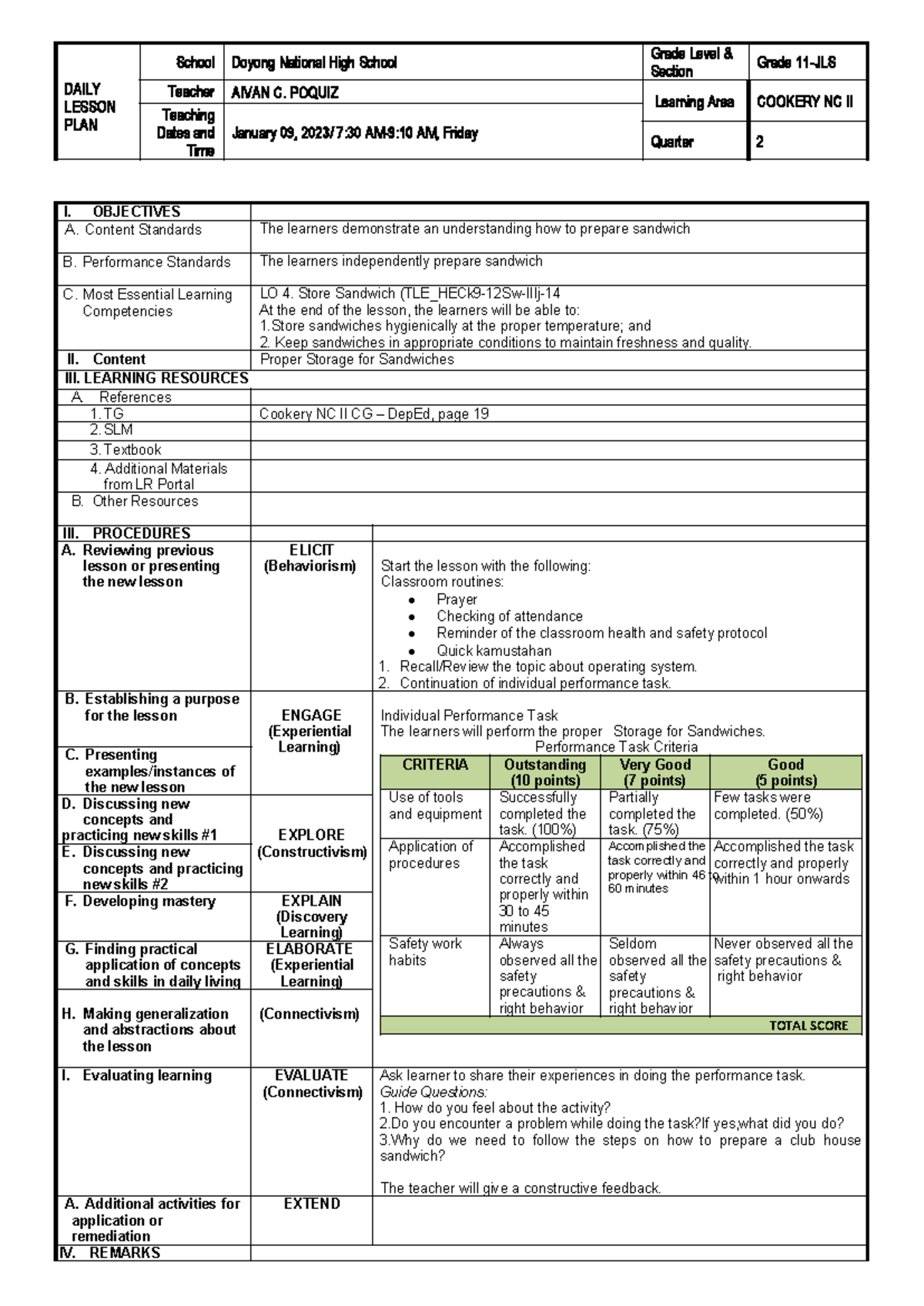 DAILY LESSON PLAN: COOKERY NC II - Proper Sandwich Storage - Studocu