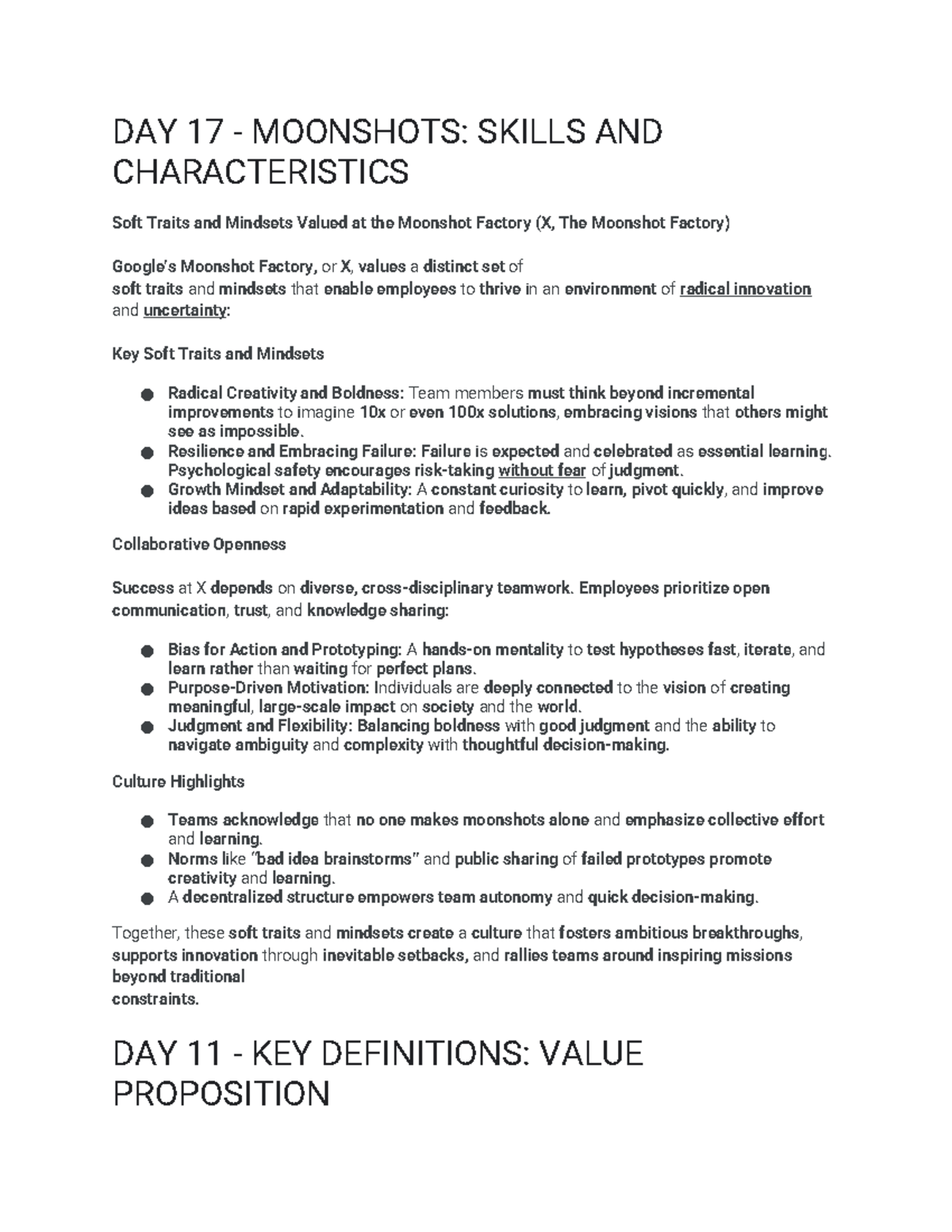 X Moonshot Factory: Key Soft Traits & Value Proposition Insights - Studocu