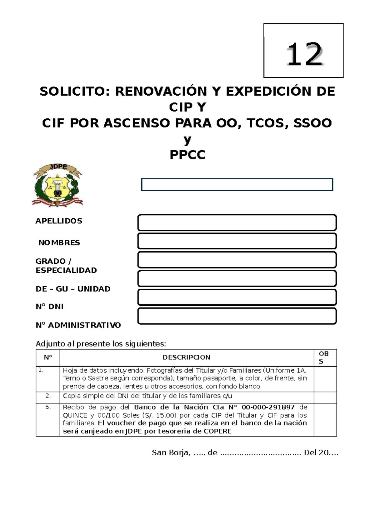 Formato 12: Renovación y Expedición de CIP y CIF para OO y TCOS - Studocu