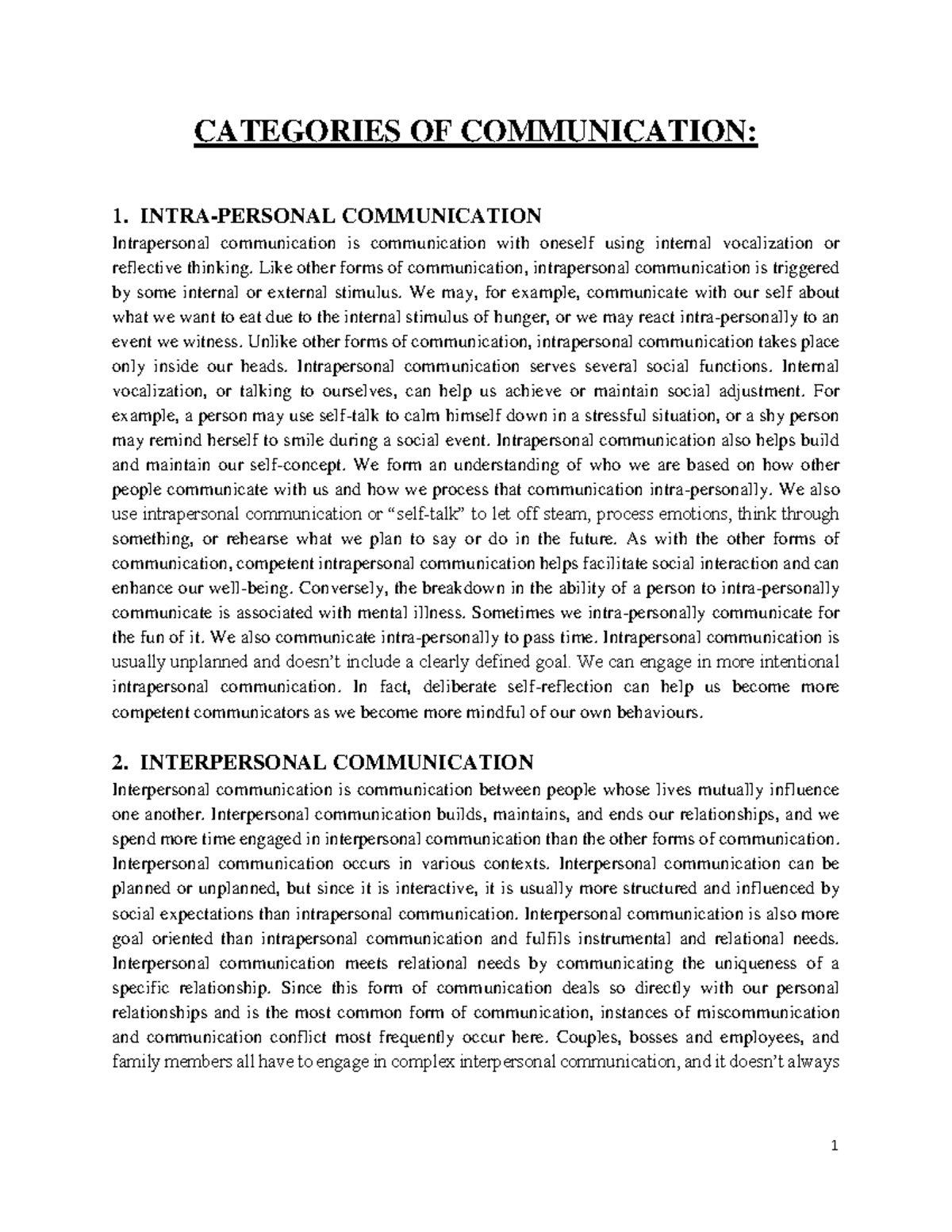 CATEGORIES OF COMMUNICATION: INTRAPERSONAL TO MASS COMMUNICATION - Studocu