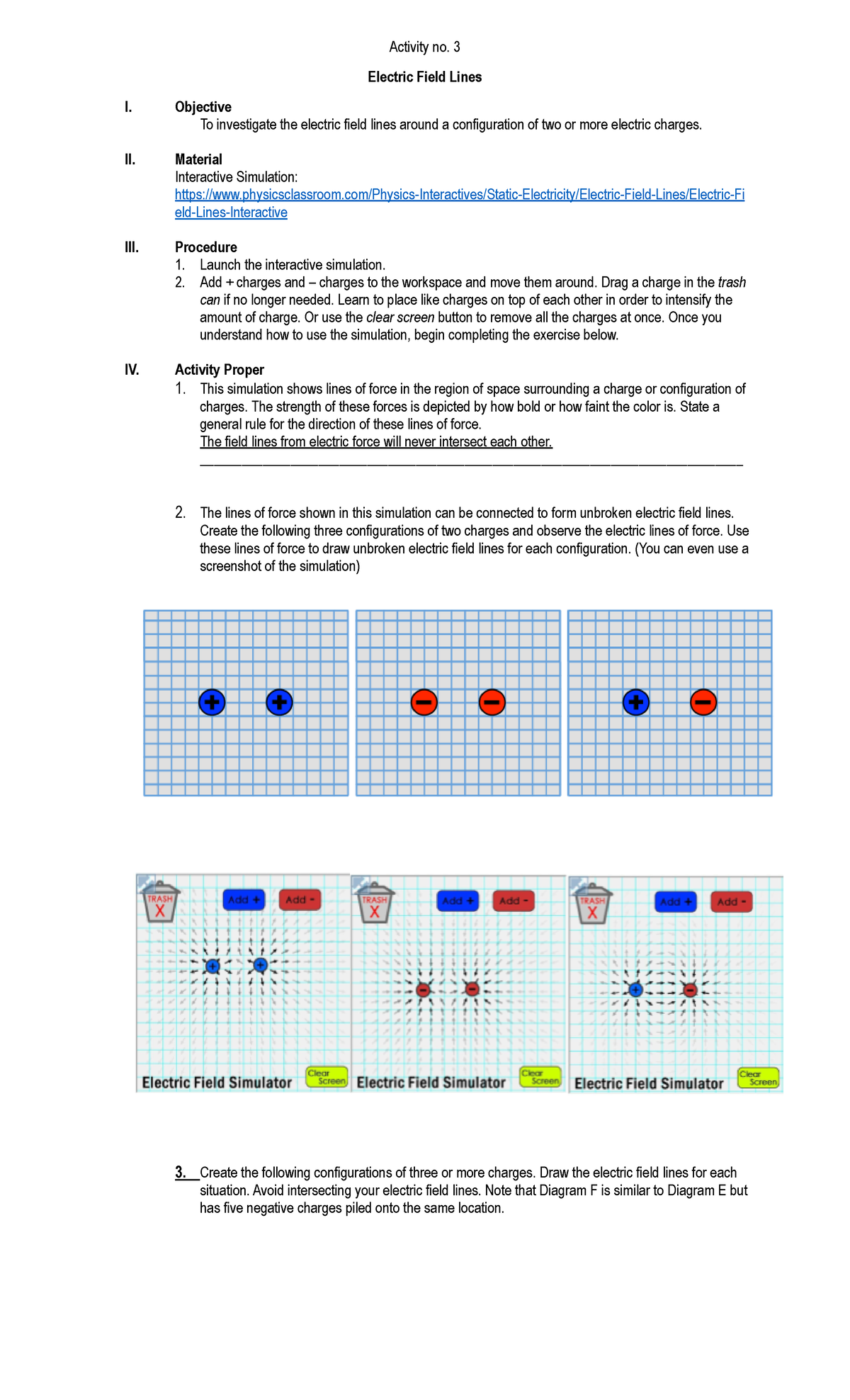 Electric Field Lines Activity: Investigating Charge Configurations ...