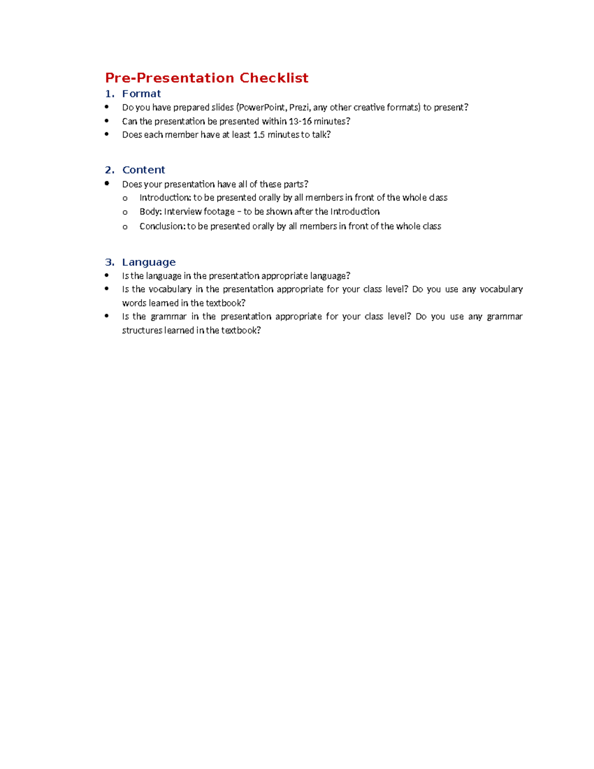 Pre presentation checklist for effective group presentations - Studocu