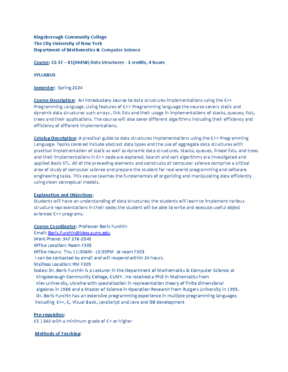 CS 37 Data Structures Syllabus - Spring 2024 at Kingsborough CC - Studocu