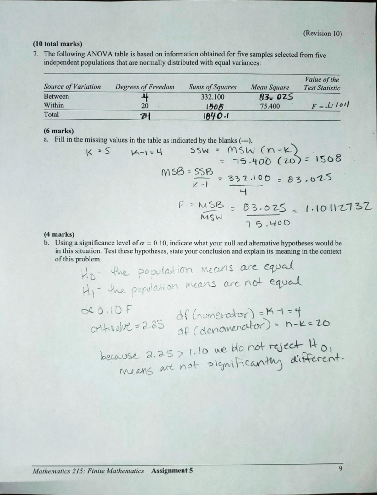 Math 215 Assignment 5: ANOVA Analysis and Hypothesis Testing Insights ...