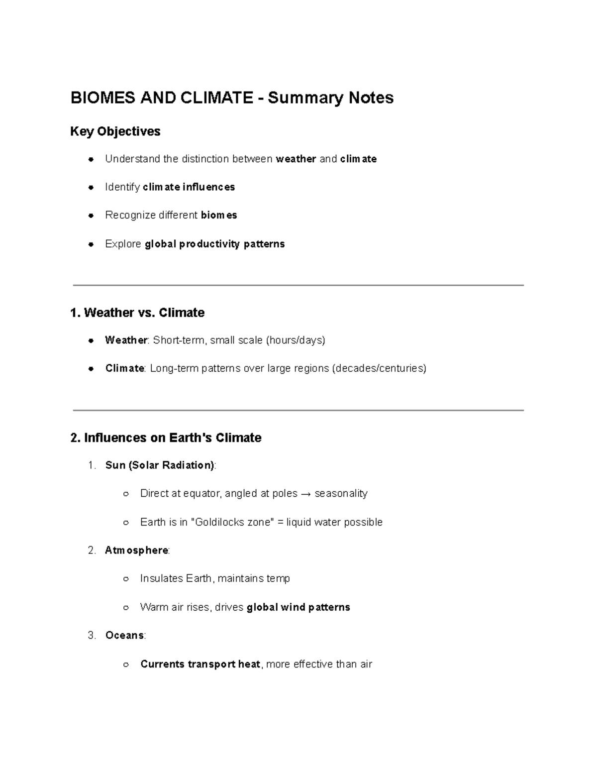 Biomes and climate summary notes for environmental science (BIOL 101 ...
