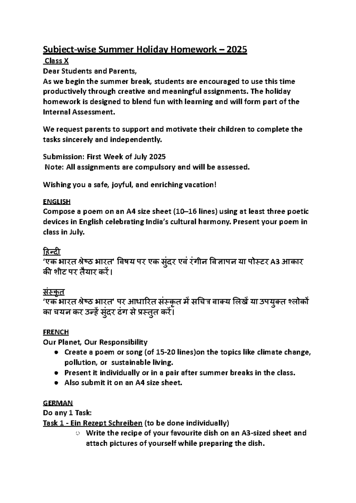 Summer Holiday Homework Assignments for Class 10 Students - Studocu