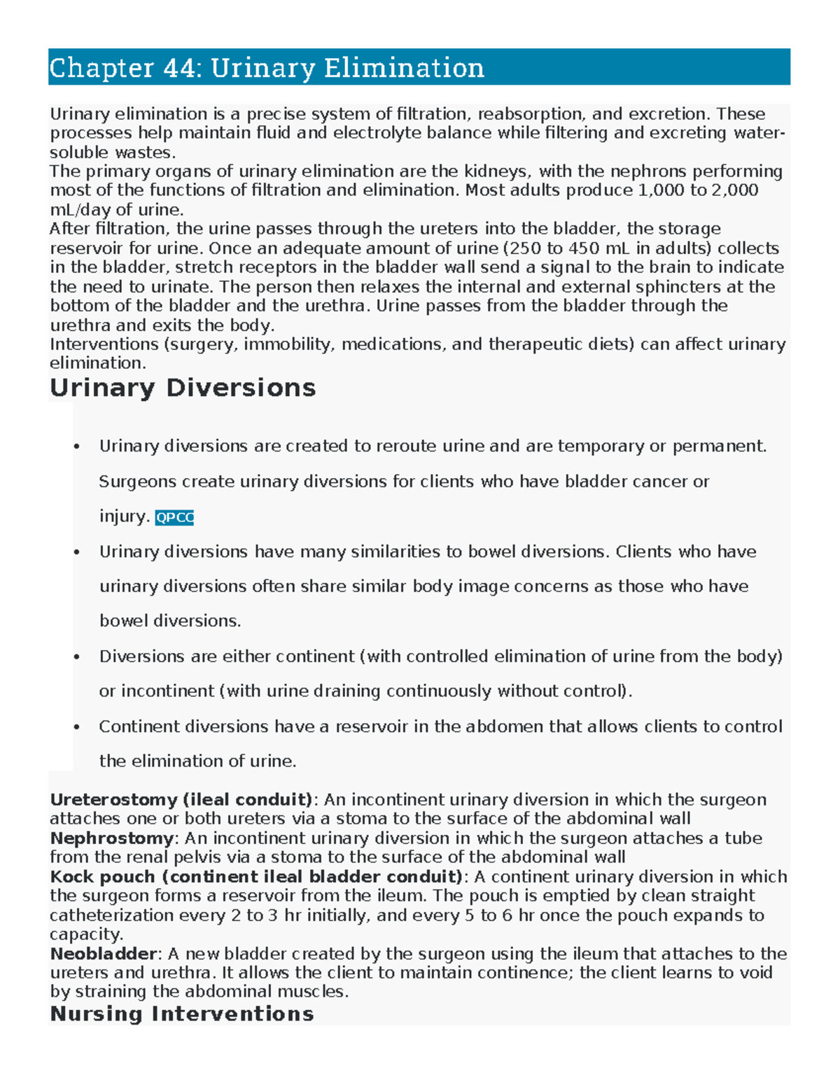ATI CH. 44 Urinary Elimination: Key Concepts and Nursing Interventions ...
