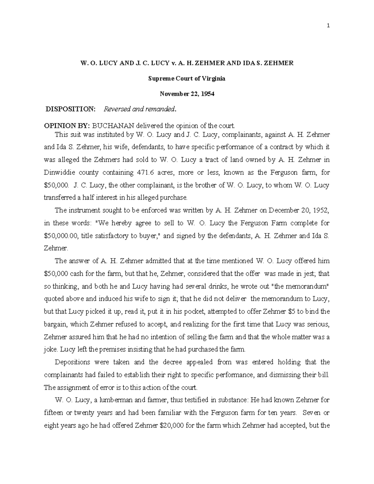 Lucy v Zehmer - Class-1 - Law document as in a Law Case - W. O. LUCY ...
