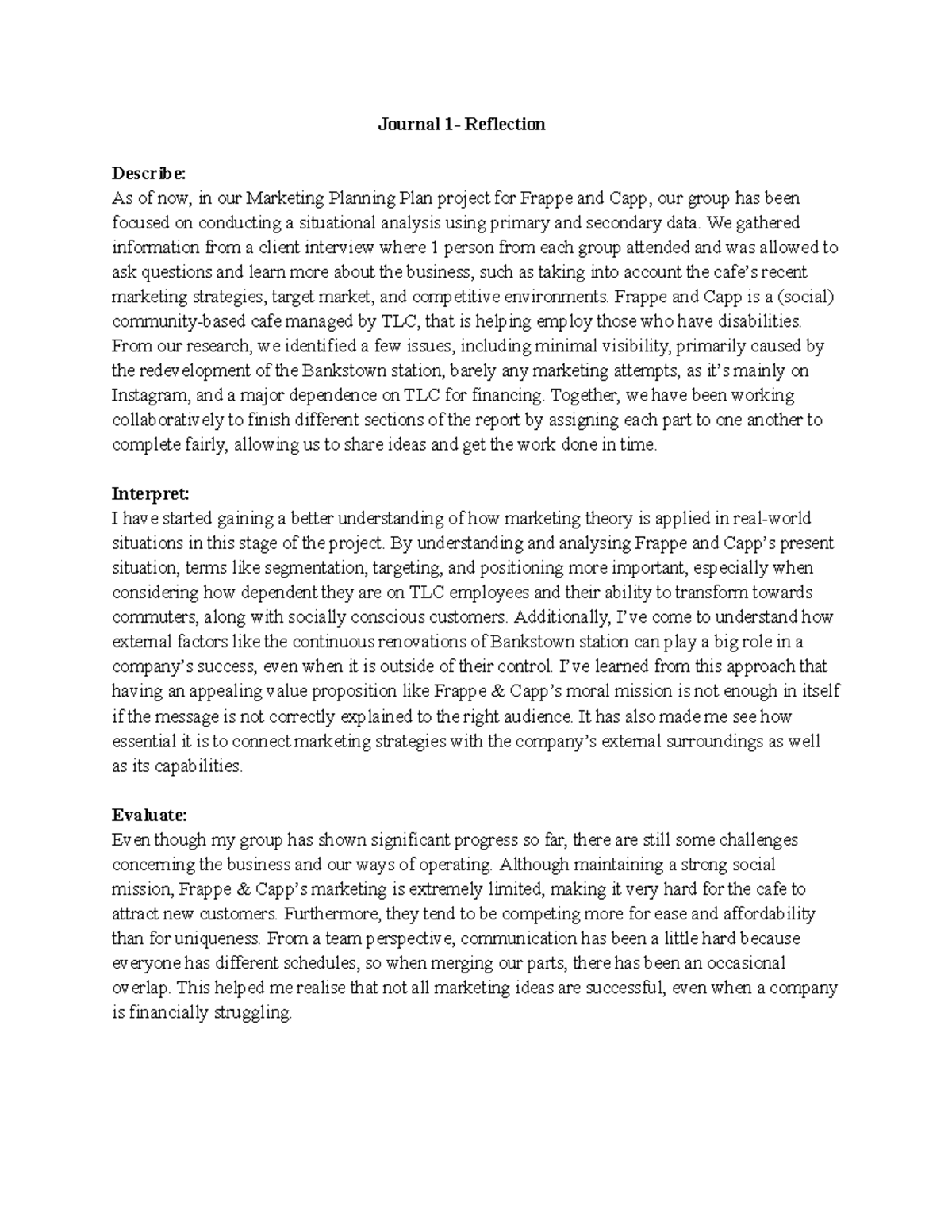 Journal 1: Reflection on MPP for Frappe and Capp - Studocu