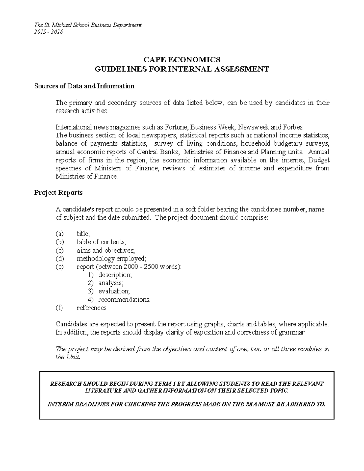 CAPE Economics SBA Guidelines and Marking Scheme Outline - Studocu