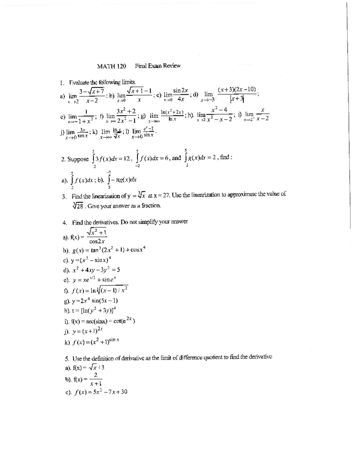 Calculus Practice Problems and Derivatives - Studocu