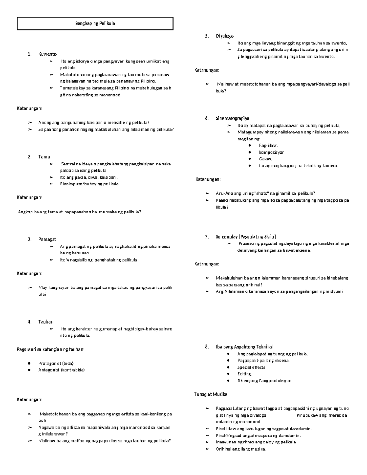 Sangkap ng Pelikula: Mga Mahahalagang Elemento sa Pagsusuri - Studocu