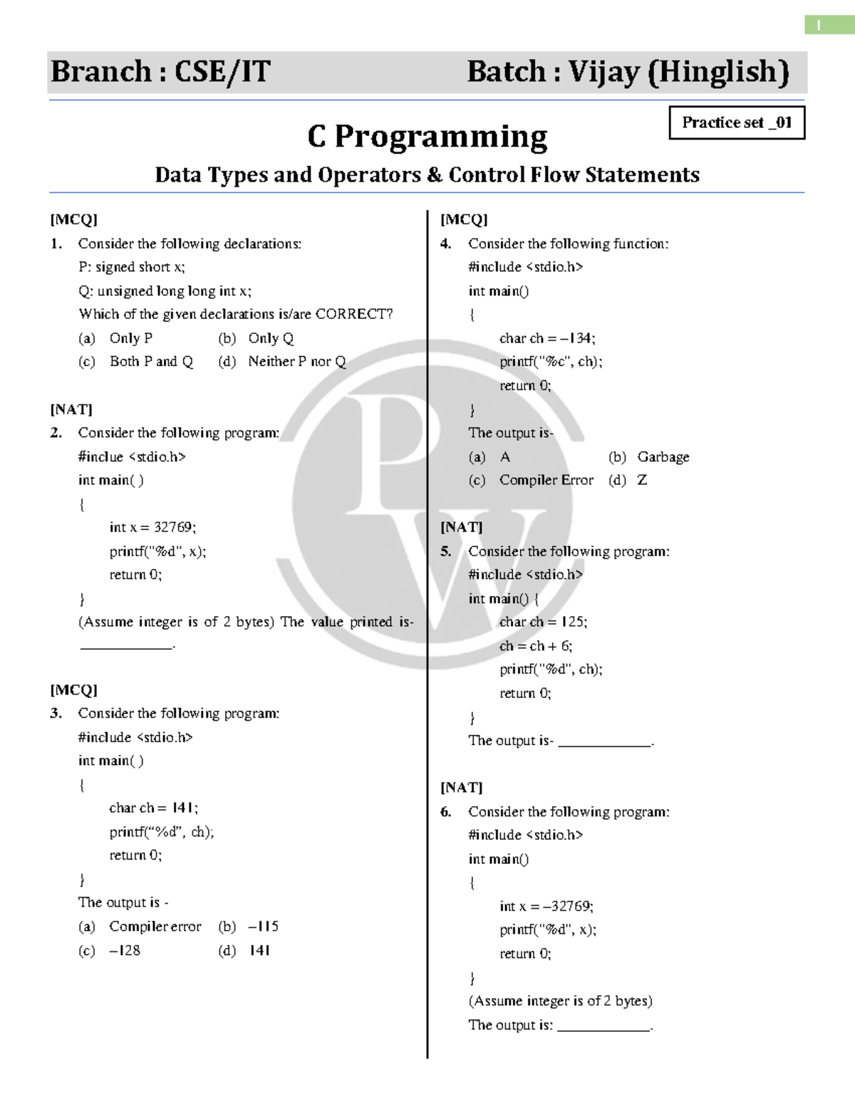 CSE/IT DPP 01: C Programming Data Types & Control Flow MCQs - Studocu