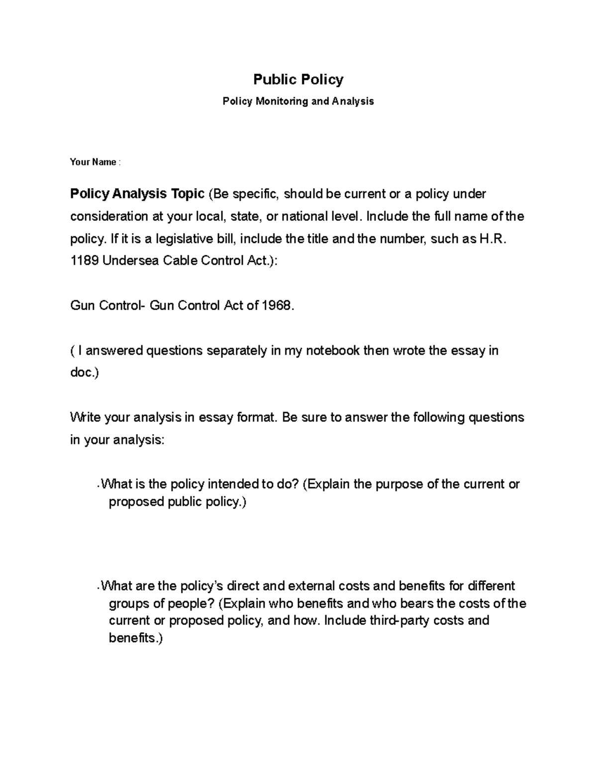 3.05 Public Policy Assignment on Gun Control Act of 1968 Analysis - Studocu