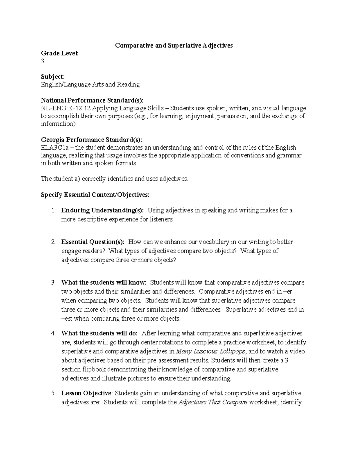 Comparative and Superlative Adjectives Lesson Plan - Comparative and ...