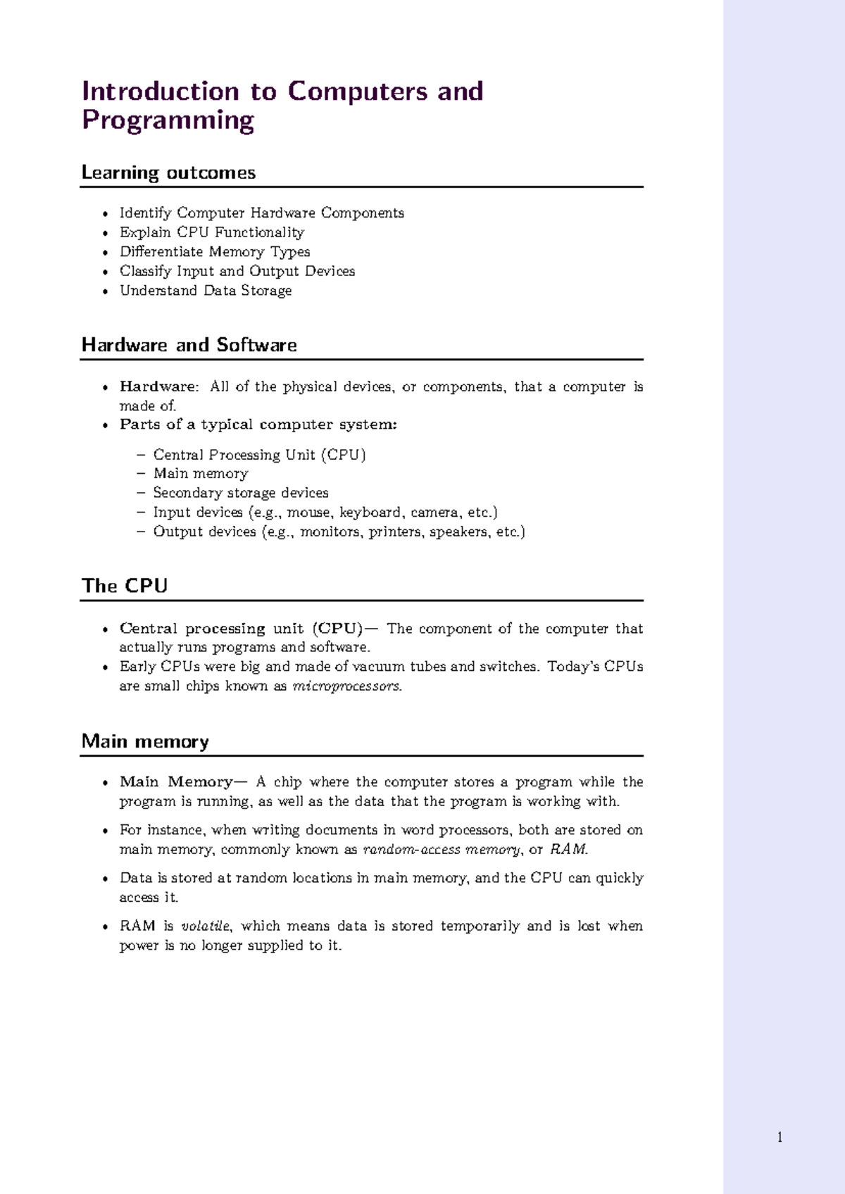 Lesson 1: Intro to Computers & Programming Concepts - Studocu