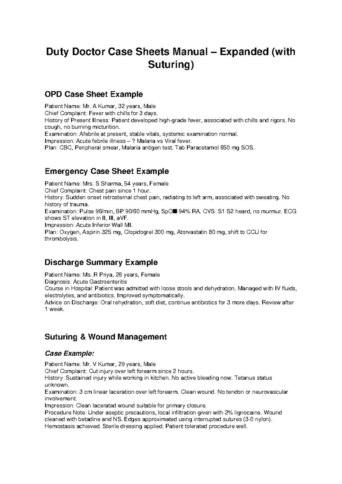 Duty Doctor Case Sheets Manual (Expanded) with Suturing Examples - Studocu