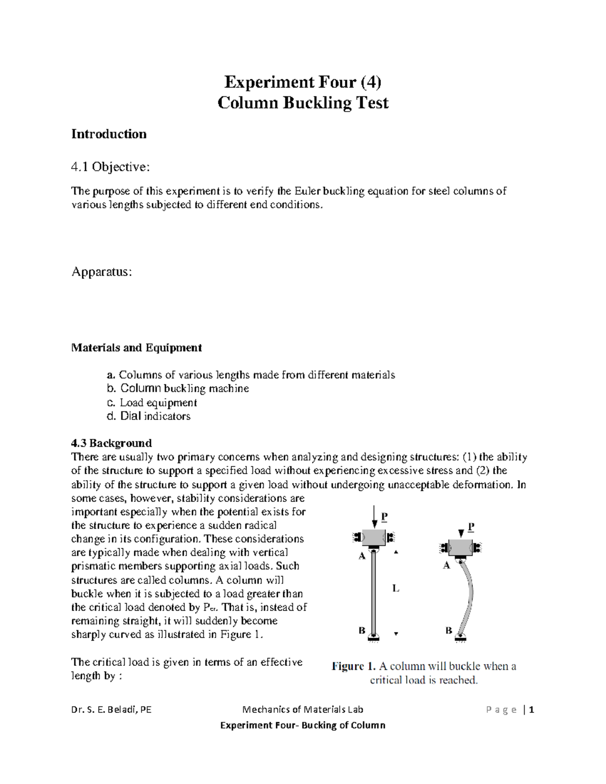 4. LAb Manual for Buckling of Columns LAb handout Four - Dr. S. E. Beladi, PE Mechanics of ...