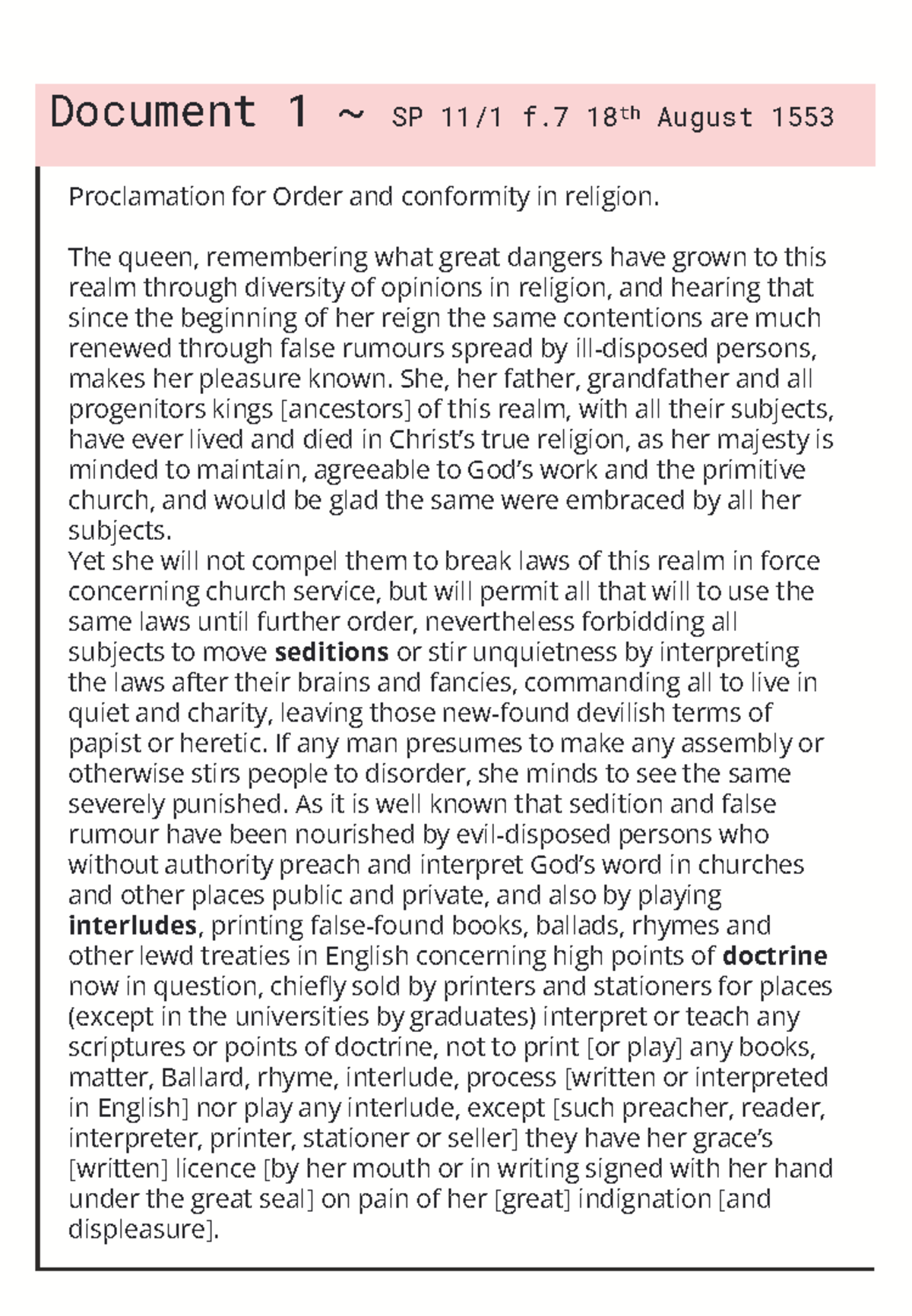 Proclamation for Religious Conformity - SP 11/1, 18 Aug 1553 - Studocu