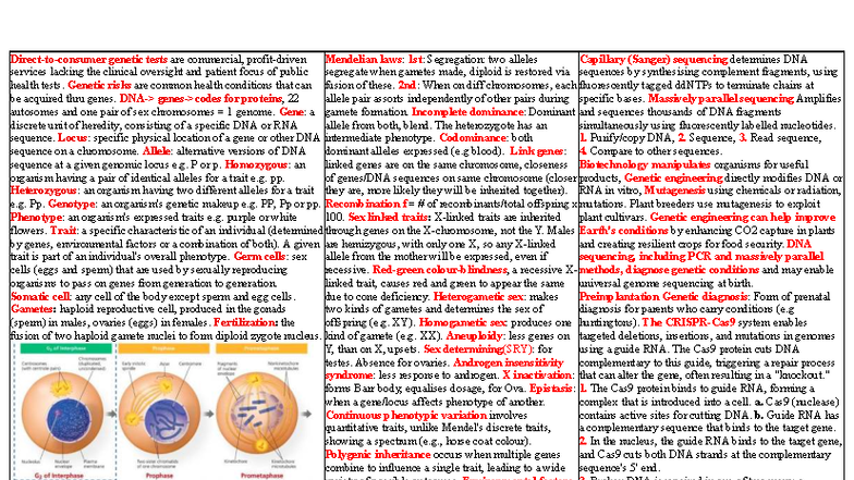 Biosci 101 A4 Summary Sheet: Genetic Testing & Mendelian Laws for Exam ...