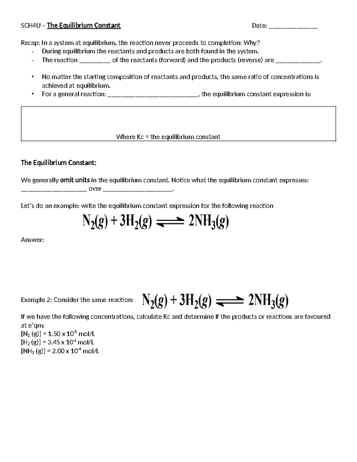 SCH4U The Equilibrium Constant - Lesson Recap and Examples - Studocu