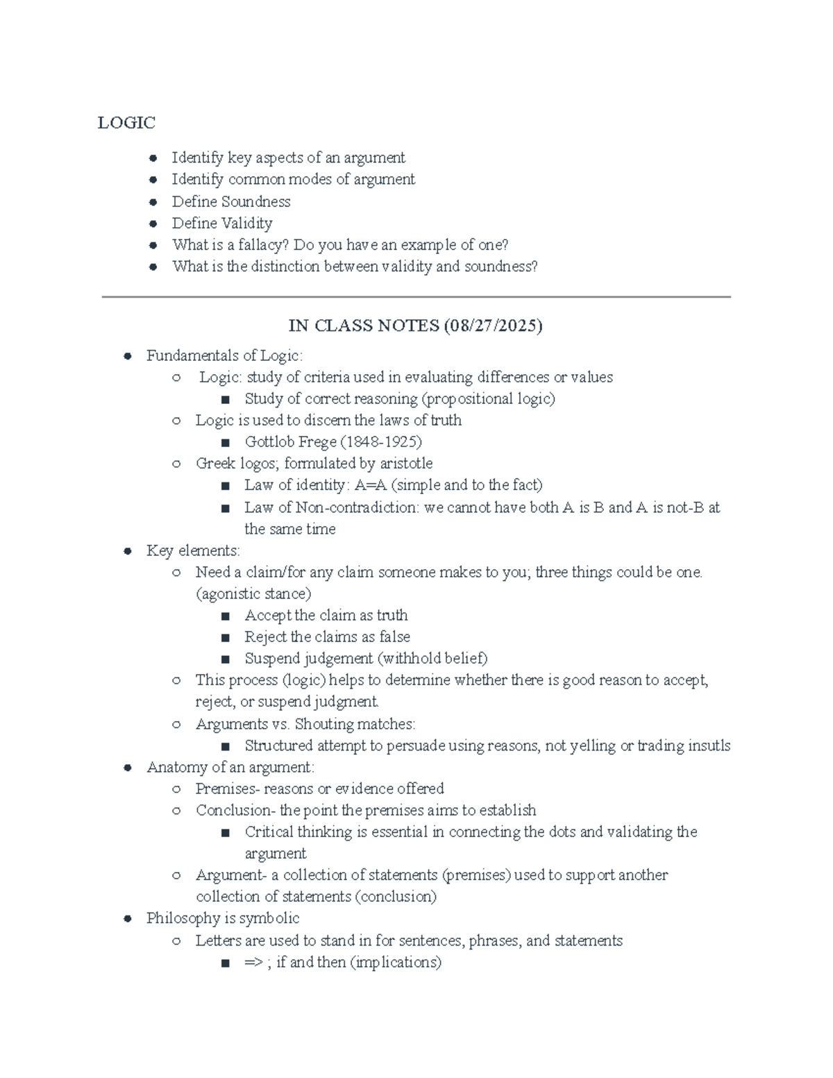 PHIL 2306 In-Class Notes: Key Concepts in Logic and Argumentation - Studocu