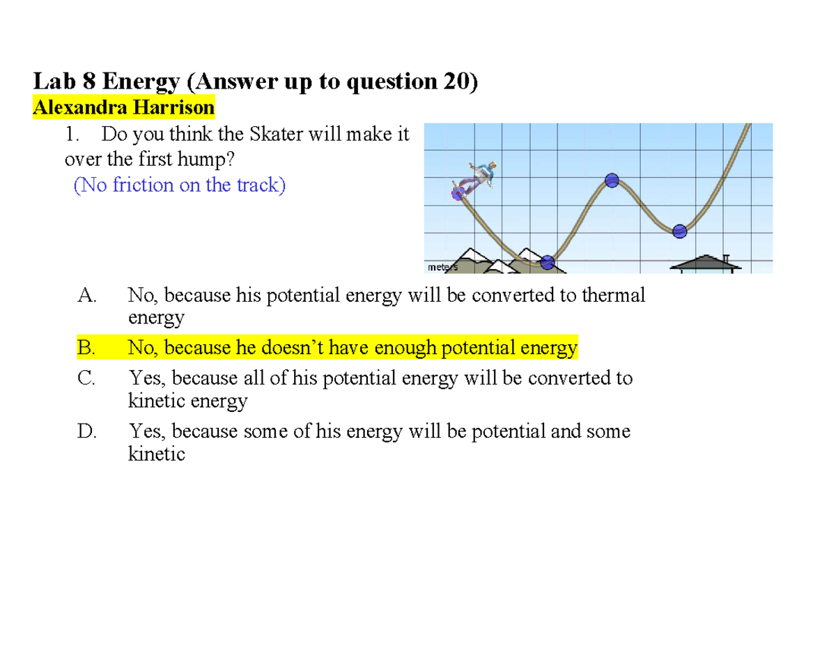 Energy Lab 8: Understanding Potential and Kinetic Energy Concepts - Studocu