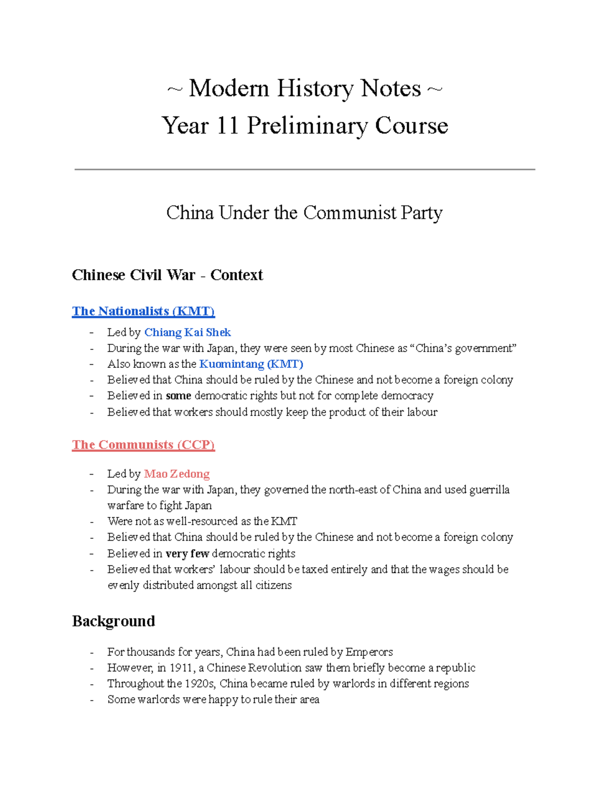 Modern History - Yr 11 Module 2 - CCP Notes on Civil War and Reforms ...