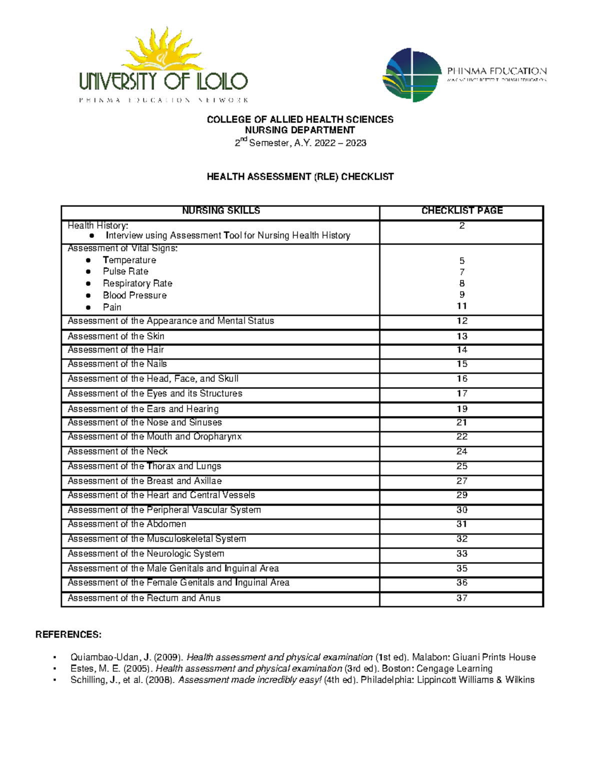 Health Assessment (RLE) Checklist for Nursing Skills 2nd Sem 2022-2023 ...