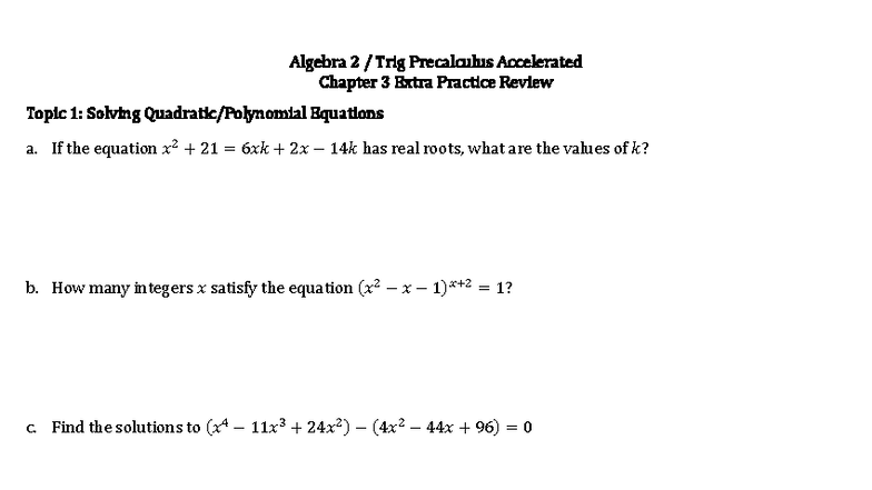 Algebra 2 Trig Precalculus Accelerated Chapter 3 Test Review - Studocu