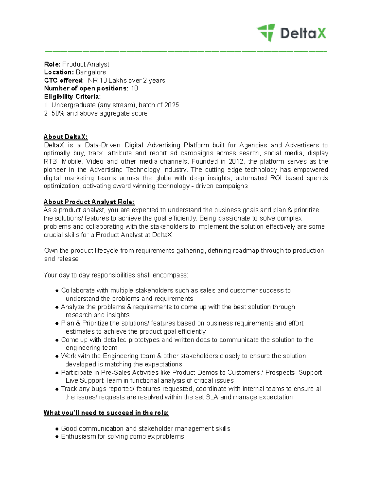 DeltaX Product Analyst - Job Description for Campus Hiring 2025 - Studocu