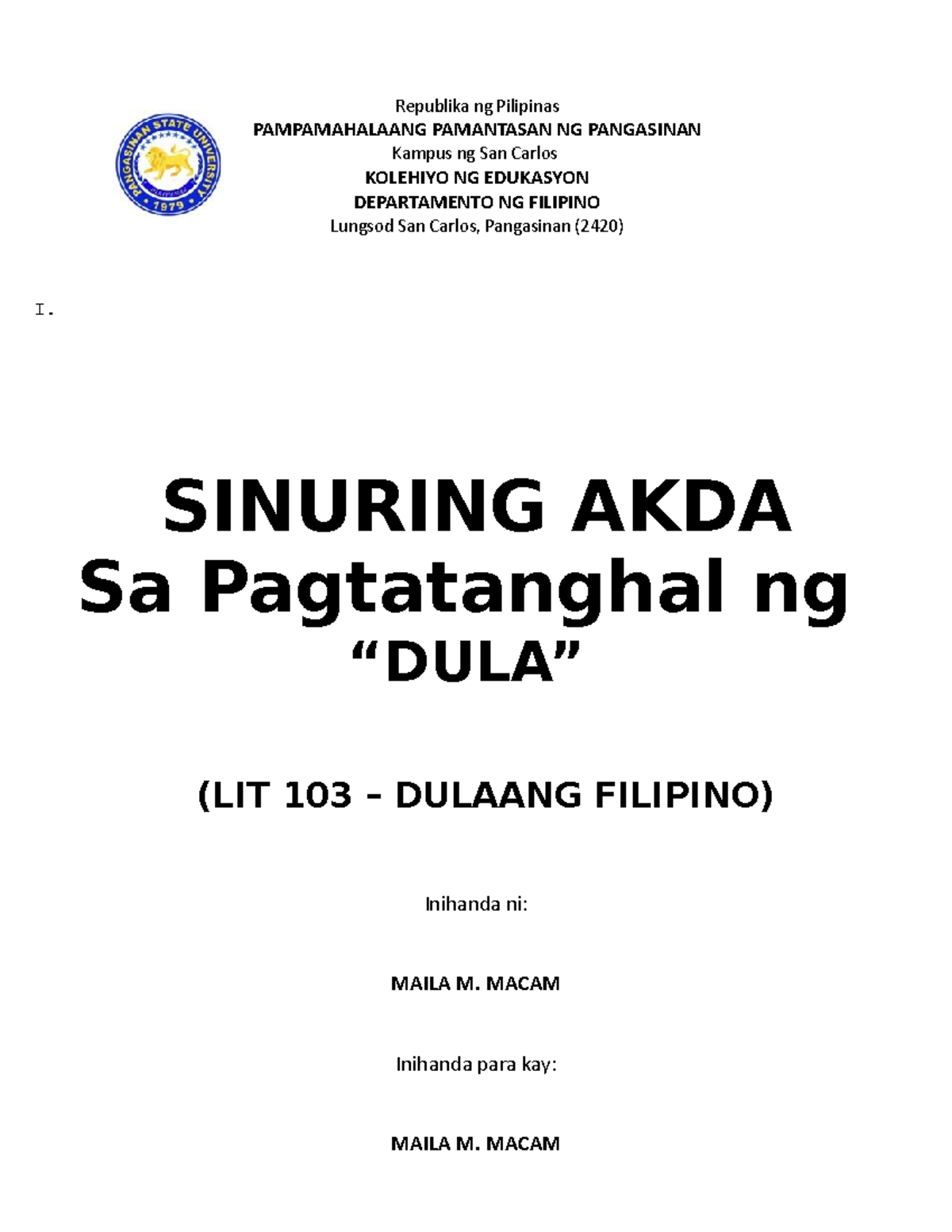 Balangkas ng Pagsusuri sa Dula: “Silakbo” (LIT 103) - Studocu