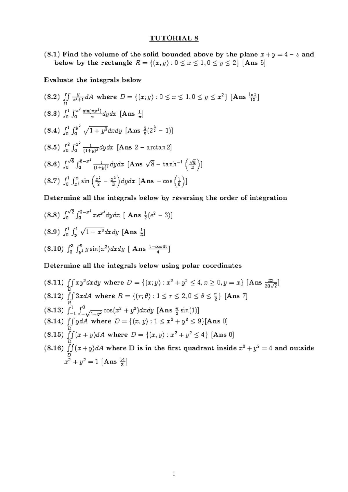 2026 MATH Tutorial 8: Volume and Integral Evaluations - Studocu