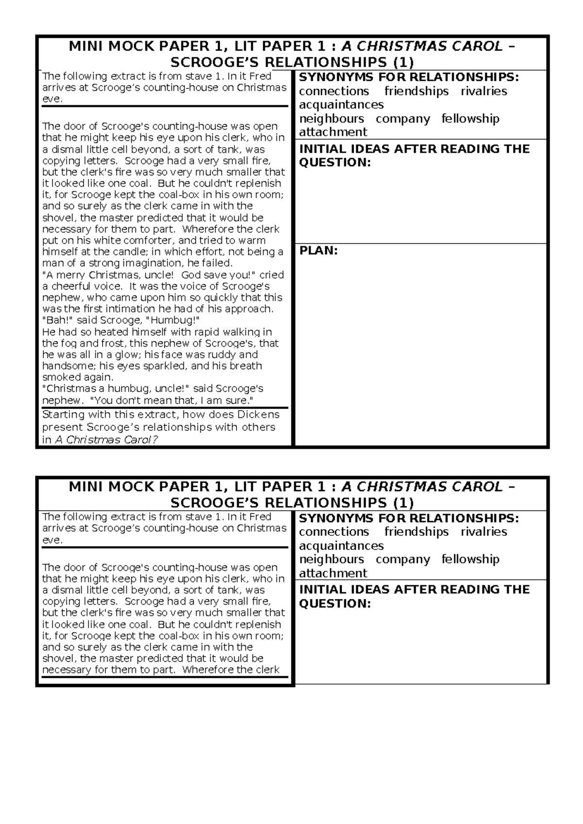 MINI MOCK PAPER 1, LIT PAPER 1: A CHRISTMAS CAROL THEMES AND CHARACTERS ...
