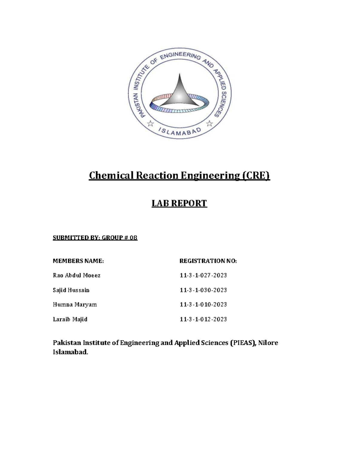CRE Lab Report: Reaction Order of Na₂S₂O₃ with HCl - Group 08 - Studocu
