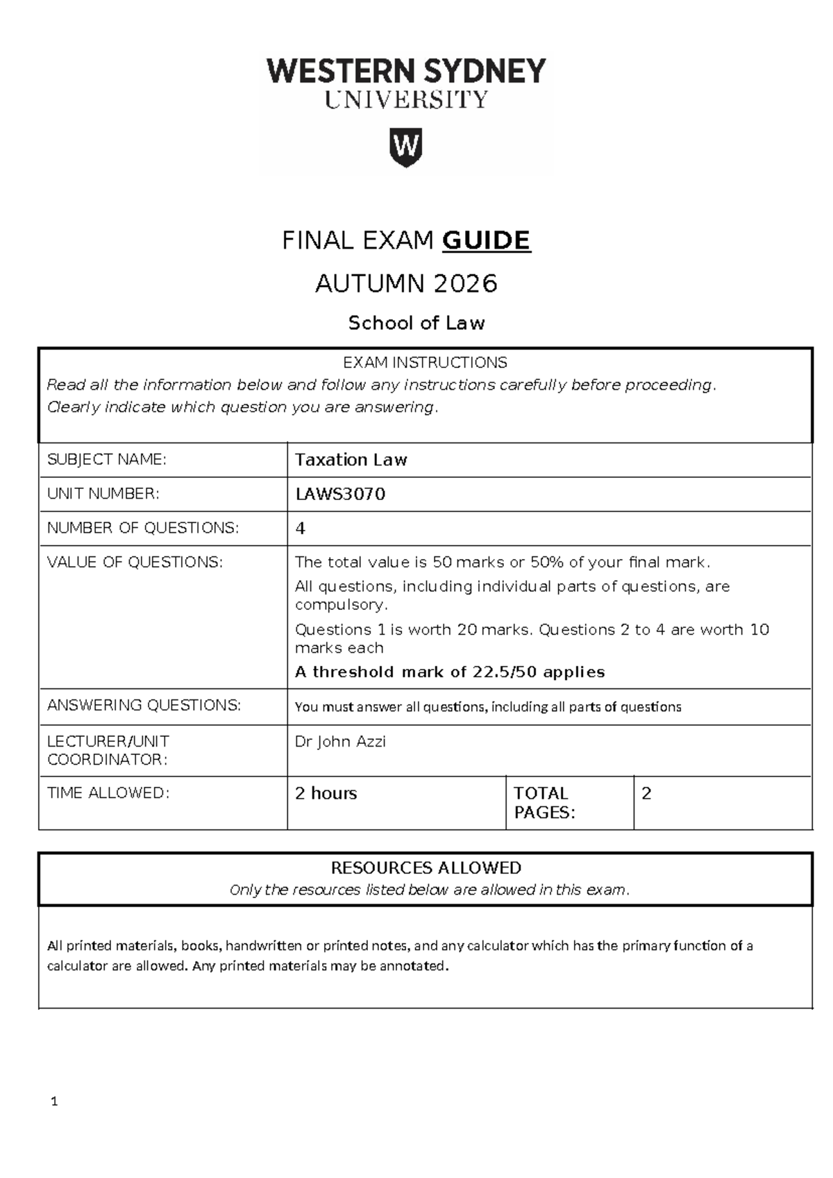 LAWS3070 Final Exam Guide - Taxation Law Autumn 2026 - Studocu