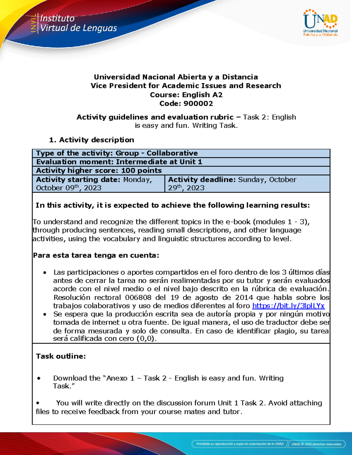 Activity guide and evaluation rubric - Unit 1 - Task 2 - English is ...