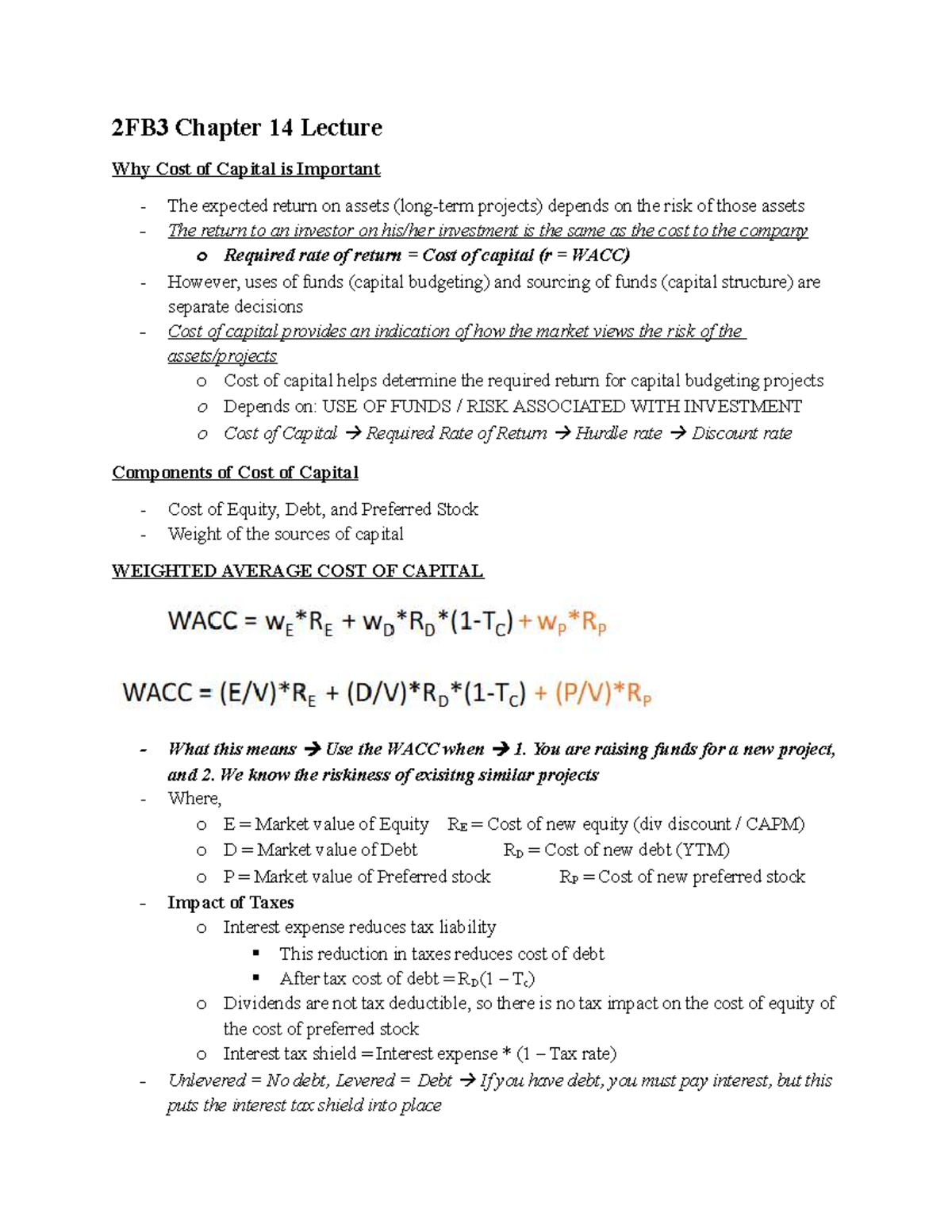 2FB3 Chapter 14 Lecture Notes: Understanding Cost of Capital - Studocu