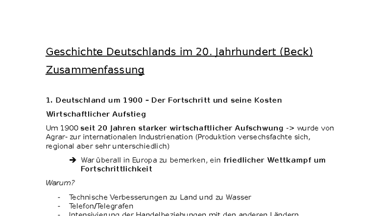 Zusammenfassung der Geschichte Deutschlands im 20. Jh. (Beck) - Studocu