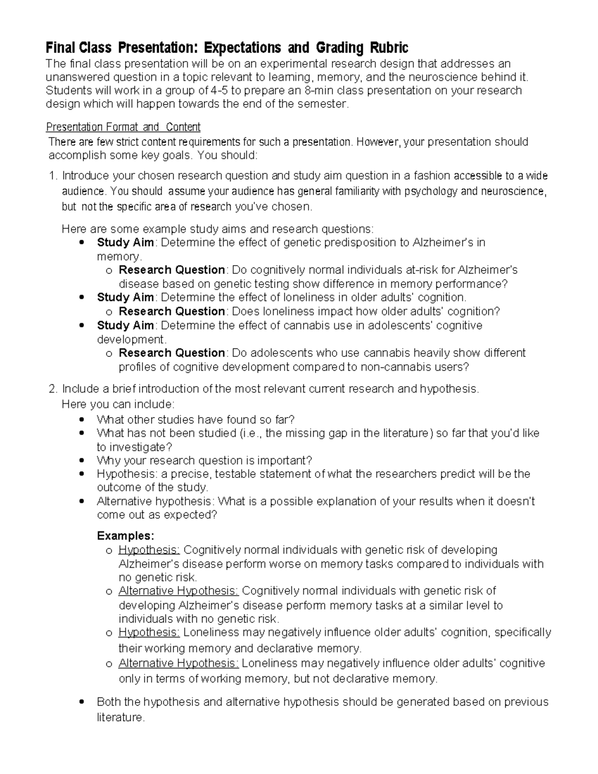 Final Presentation Guidelines & Grading Rubric (PSY 101) - Studocu