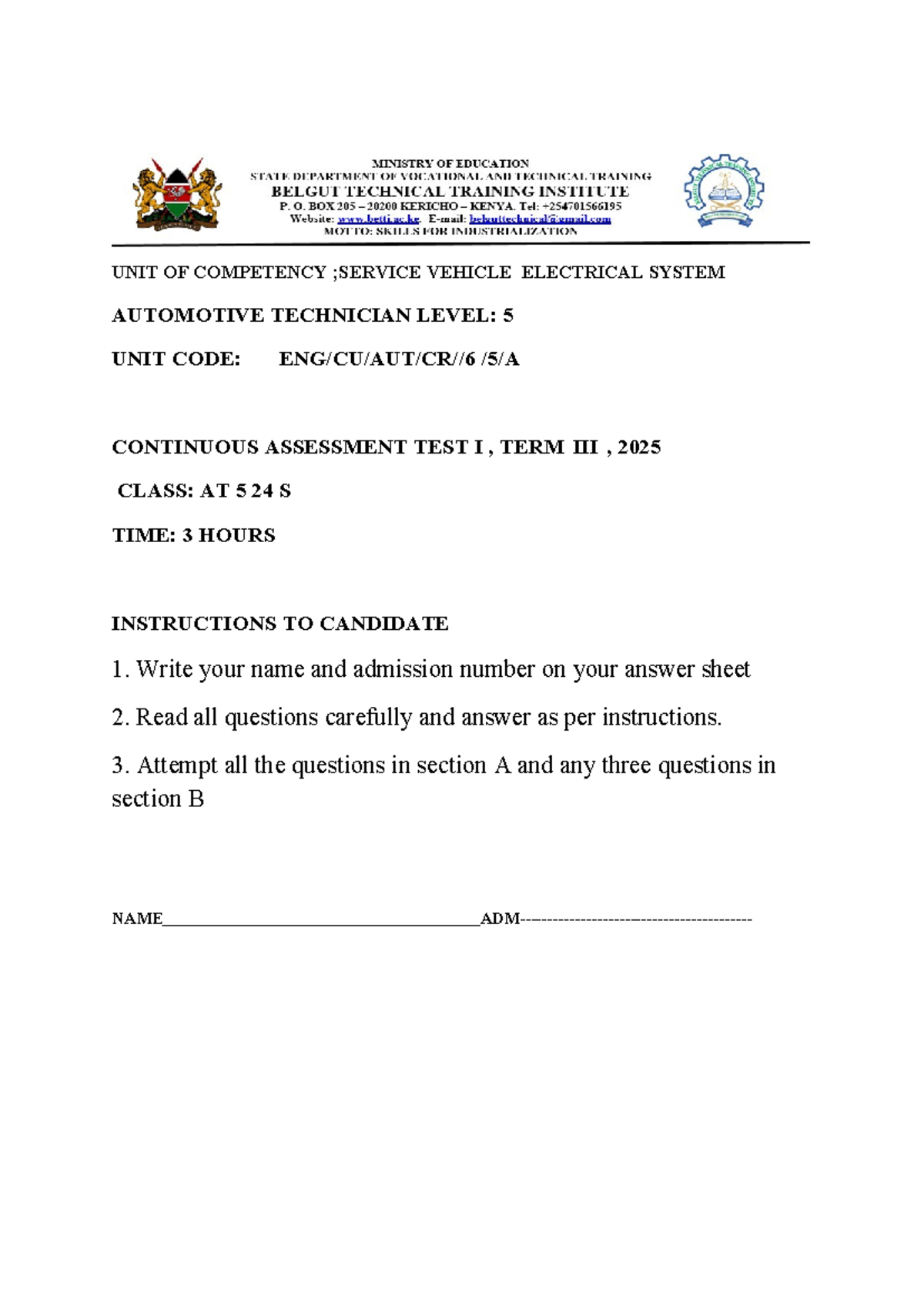 Lvl 5 Continuous Assessment Test I: Vehicle Electrical Systems - Studocu