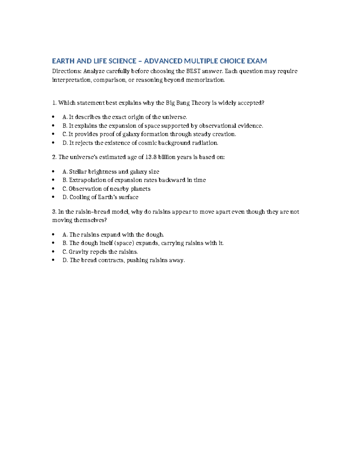 Earth and Life Science Advanced MC Exam Questions - Studocu